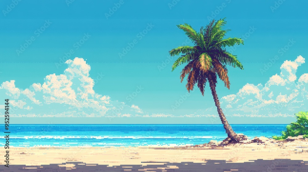 Retro 8-Bit Pixel Art of Palm Tree on Beach with Clear Sky - Nostalgic ...