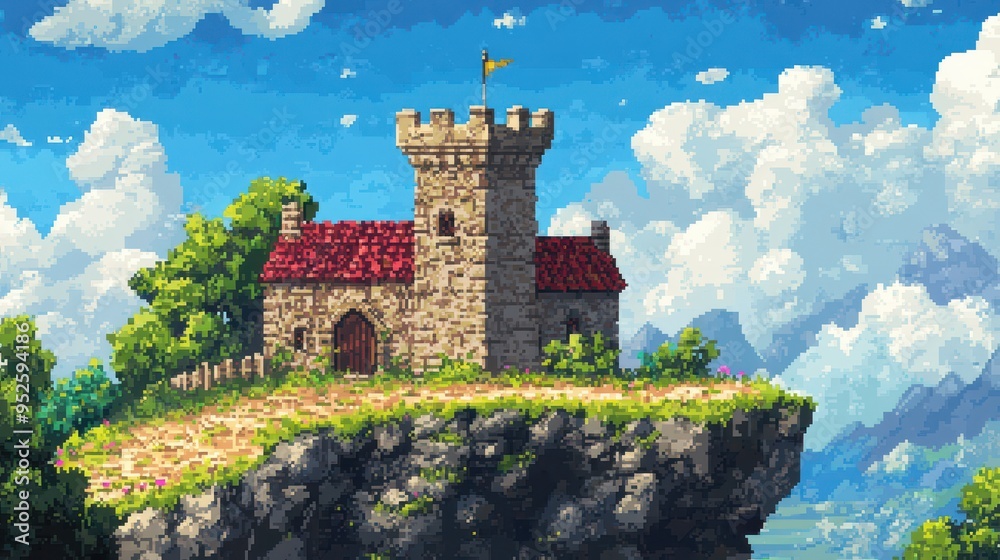 Nostalgic 16-Bit Pixelated Castle with Turret on Sky Background for ...