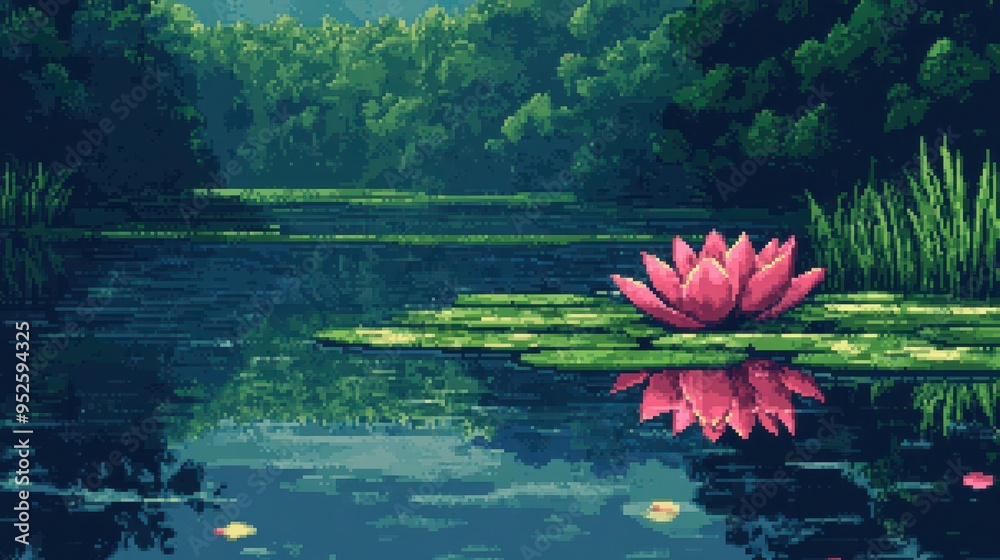 Tranquil 8-Bit Pixel Art Pond with Lily Pad | Retro Serenity and ...