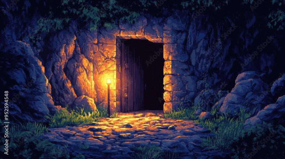 Pixelated Cave Entrance with Torch - Retro Adventure Game Concept Art ...