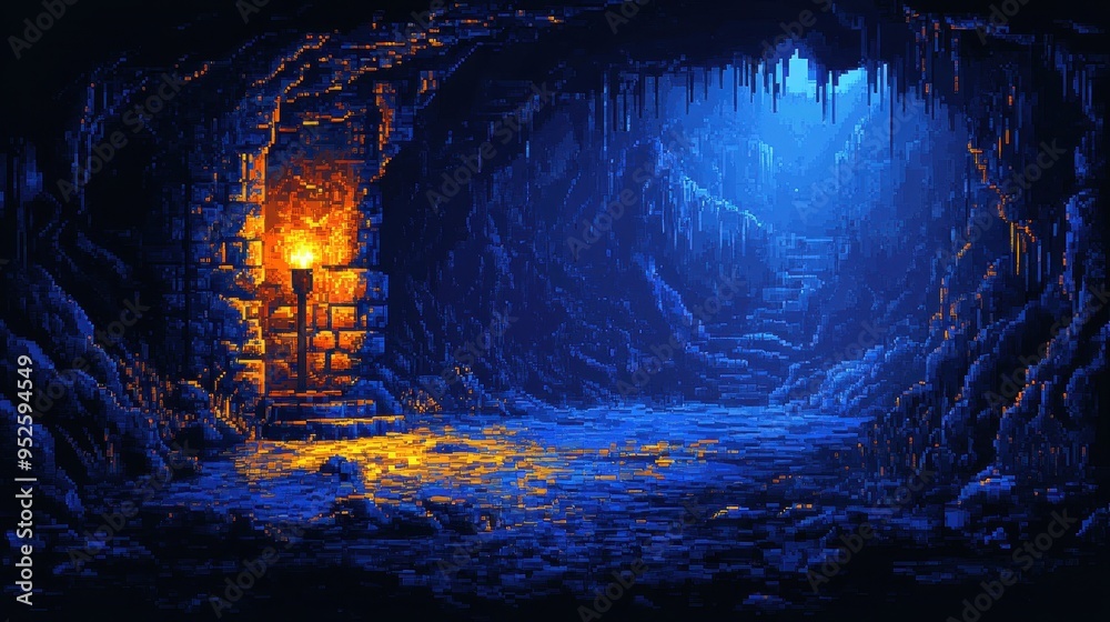 Pixelated Cave Entrance in 8-bit Style with Torch, Dark Copy Space ...