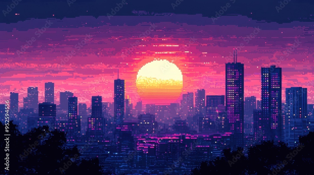 8-bit pixel art of a pixelated city skyline at sunset with ample sky ...