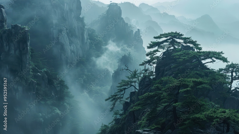 Misty Pine-Covered Cliffs - Enveloped in mist, towering cliffs adorned ...