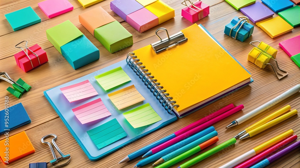Vibrant assortment of colorful sticky notes, pens, and binder clips ...