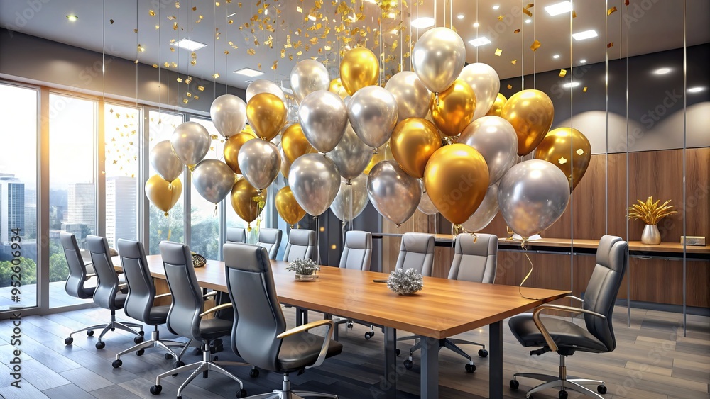 Vibrant gold and silver balloons and confetti adorn a modern office ...