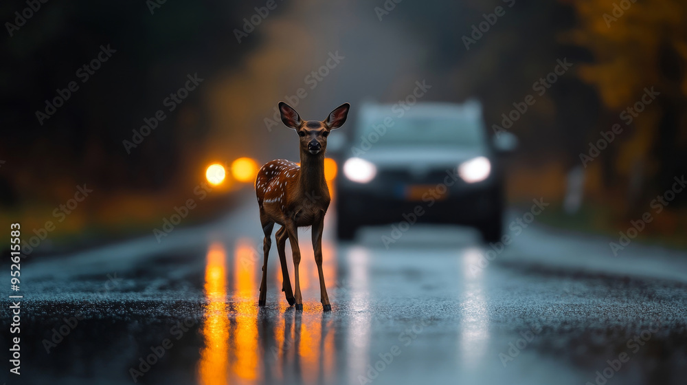 Photo & Art Print A deer stands in the middle of a road at night ...