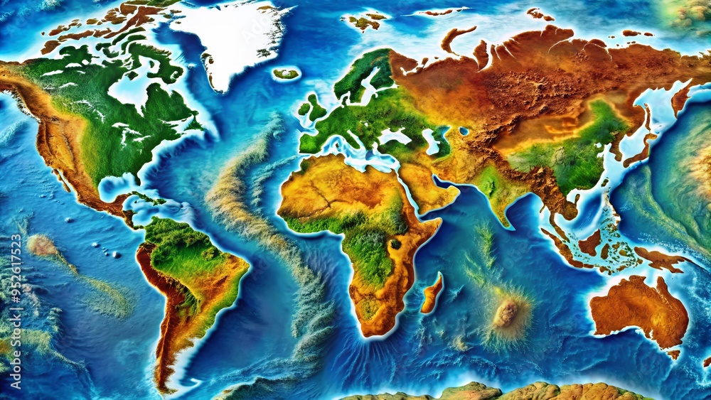Vibrant topographic world map featuring elevated mountain ranges, deep ...
