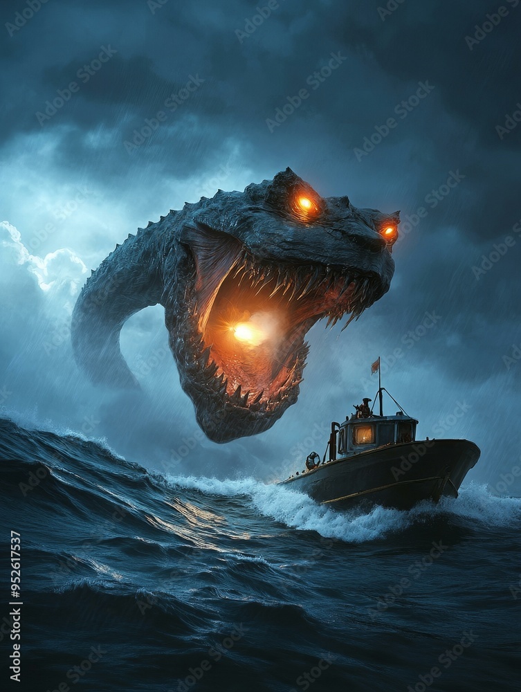 A giant sea monster with glowing eyes emerges from the stormy sea, its ...
