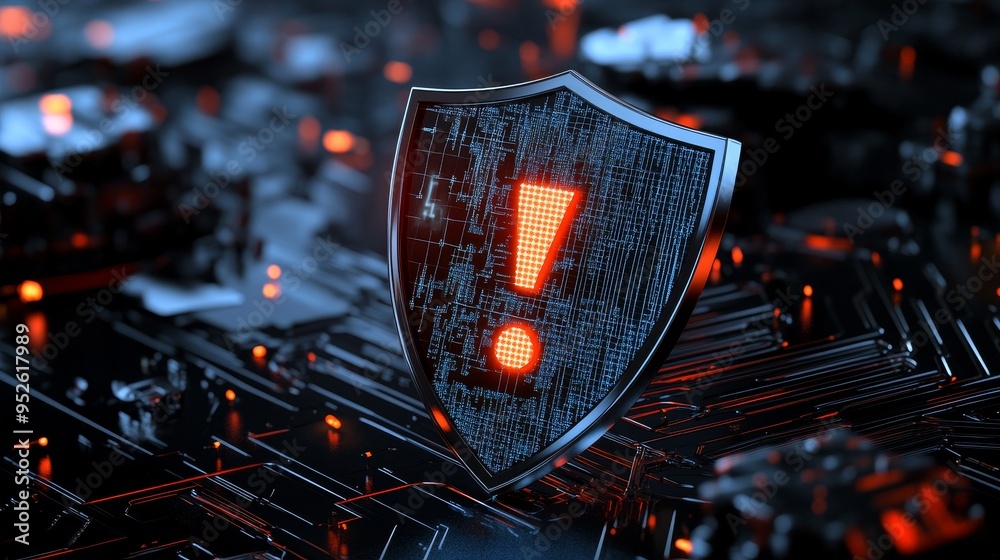 A glowing red exclamation point inside a digital shield symbolizes the ...