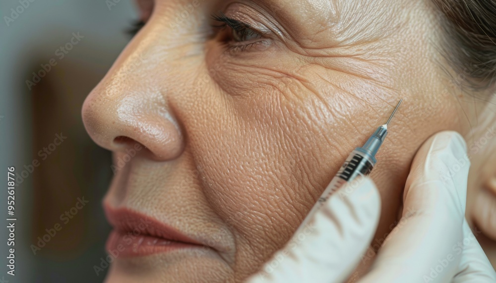 injection of fillers into the folds on the face of a middle-aged woman ...