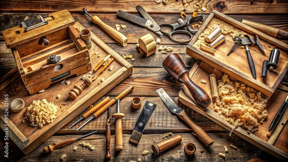 Vintage wooden workbench cluttered with worn carpenter's tools ...
