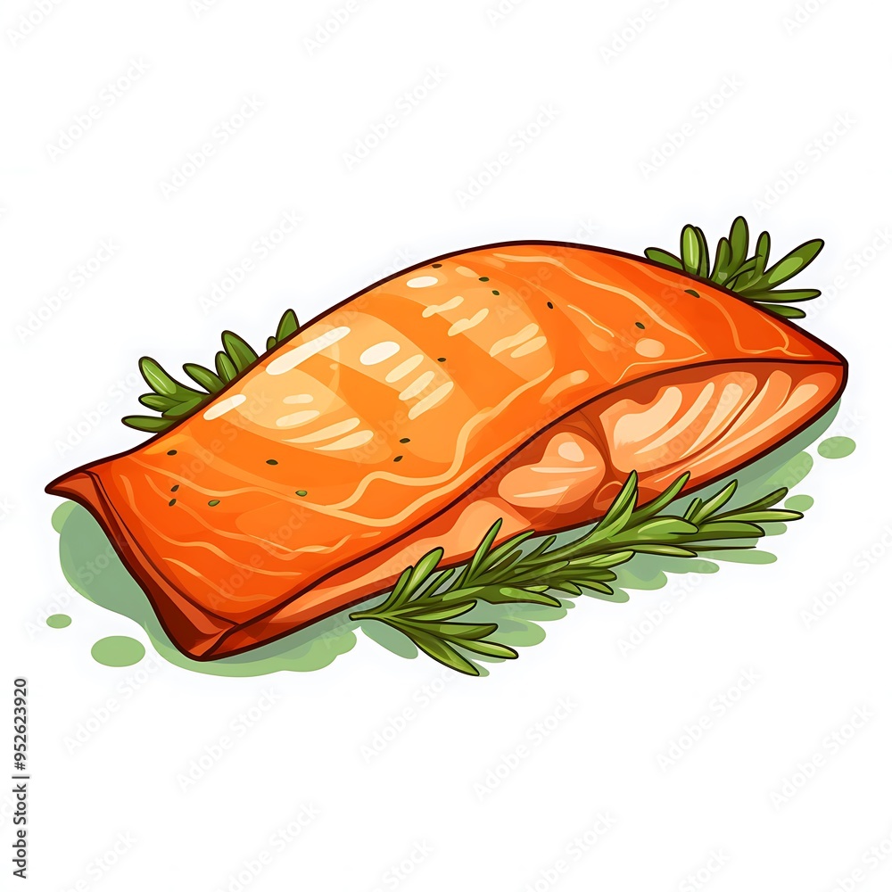 cartoon illustration of a piece of salmon with herbs on a white ...