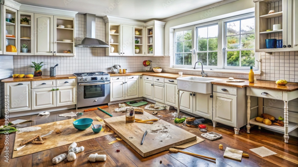 A cluttered kitchen with torn flooring, broken cabinets, and a leaky ...