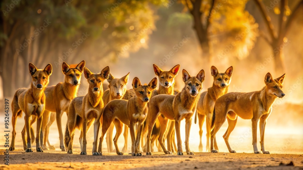 A pack of feral dogs roam freely in a sun-drenched, dusty landscape ...