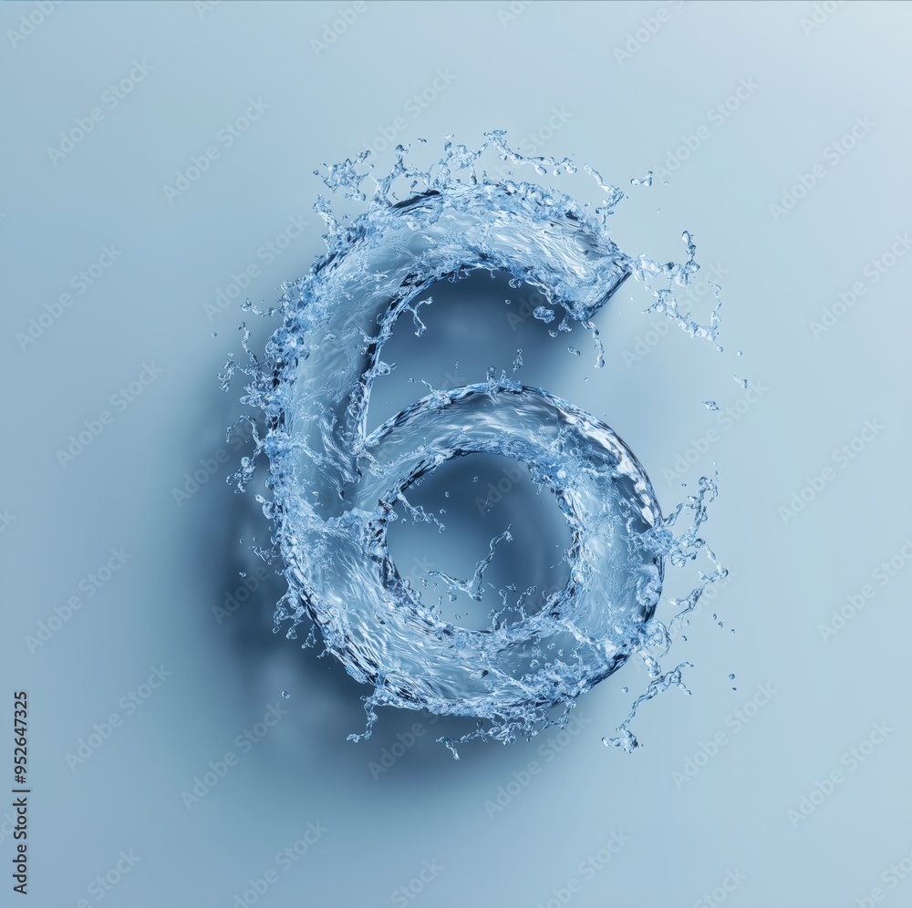 Number Six Formed from Splashing Water on a Light Blue Background ...