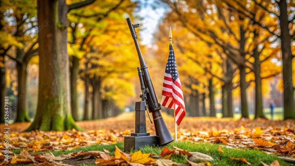 A solemn memorial scene featuring a rifle stuck in the ground, bayonet ...