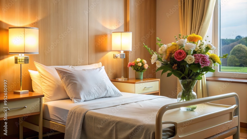 A warm and inviting hospital room scene featuring a bed with crisp ...