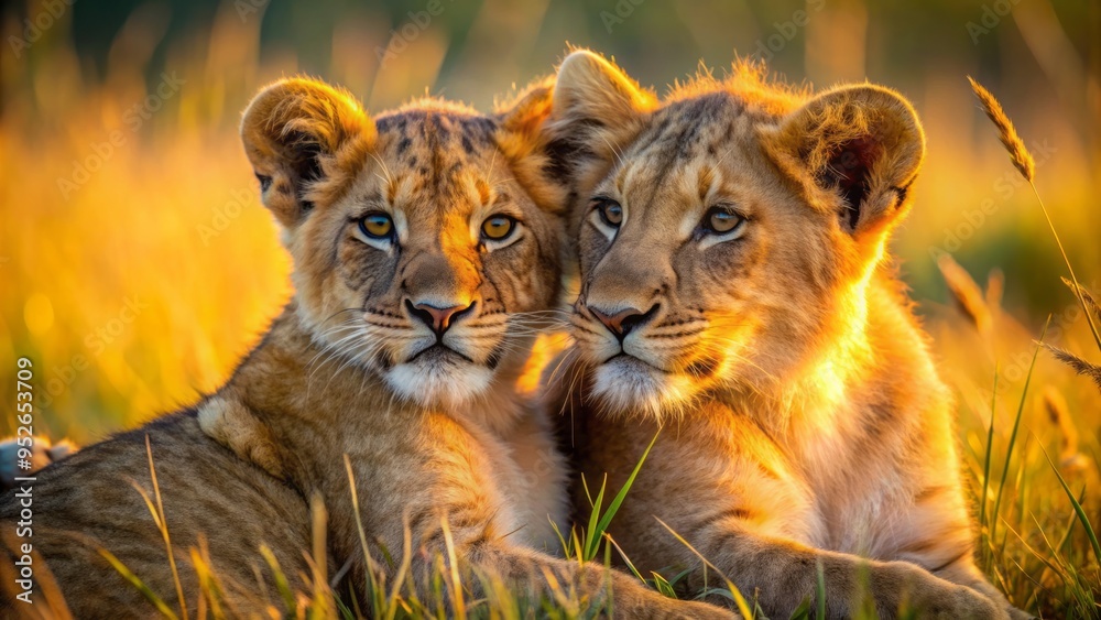 Adorable lion cub siblings playfully cuddle and nuzzle each other in ...