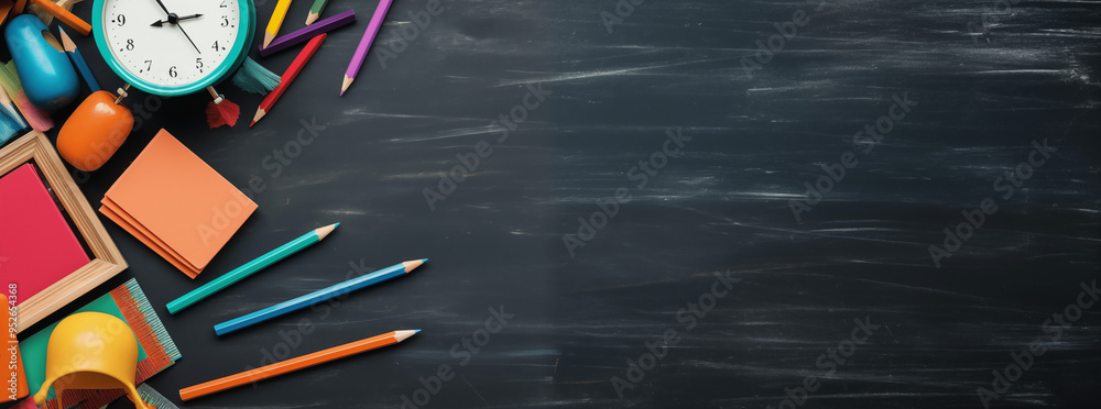 Tableau noir d'école, avec craie et espace vide de composition. Rentrée ...
