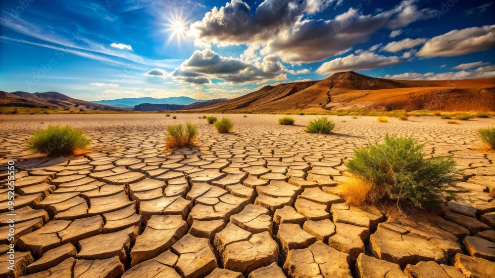 Arid landscape featuring parched, cracked earth with deep fissures ...