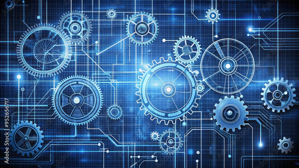 Blueprint illustration of gears, circuits, and connection nodes forming ...