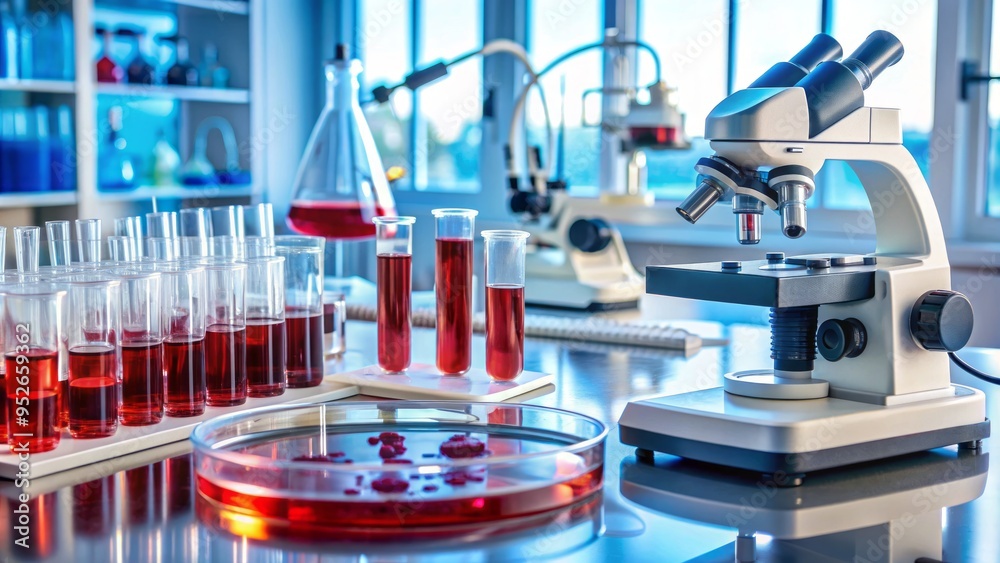 Close-up of a medical laboratory workbench with various diagnostic ...