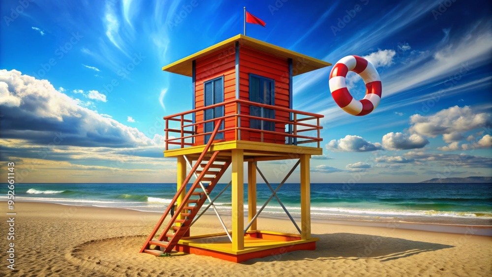 Colorful cartoon lifeguard tower standing tall on a sunny beach ...