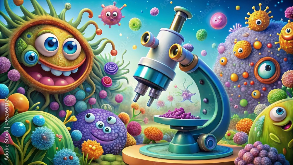 Colorful cartoon microscope with oversized eyepiece and wacky, curly ...