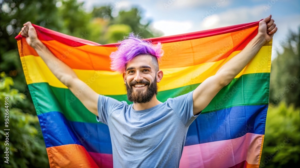 Confident young adult with rainbow-colored hair and beard proudly ...