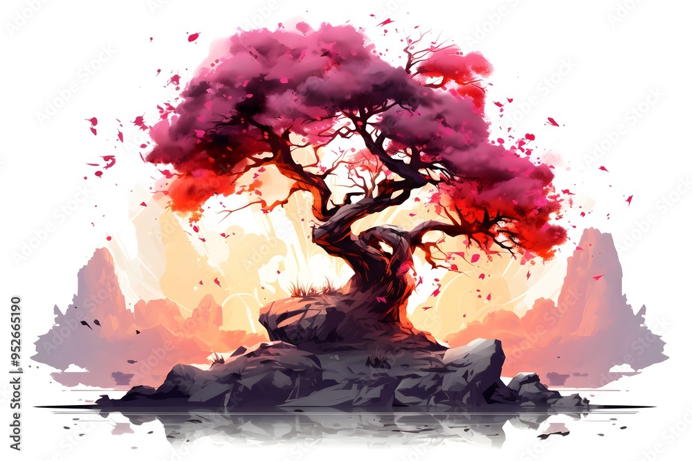 Oil painting,3d red tree art wallpaperBlossom Tree Waterfall ...