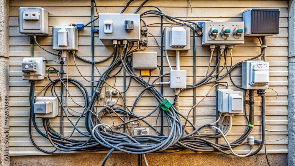 Electrical power lines and cords tangled behind a modern home's wall ...