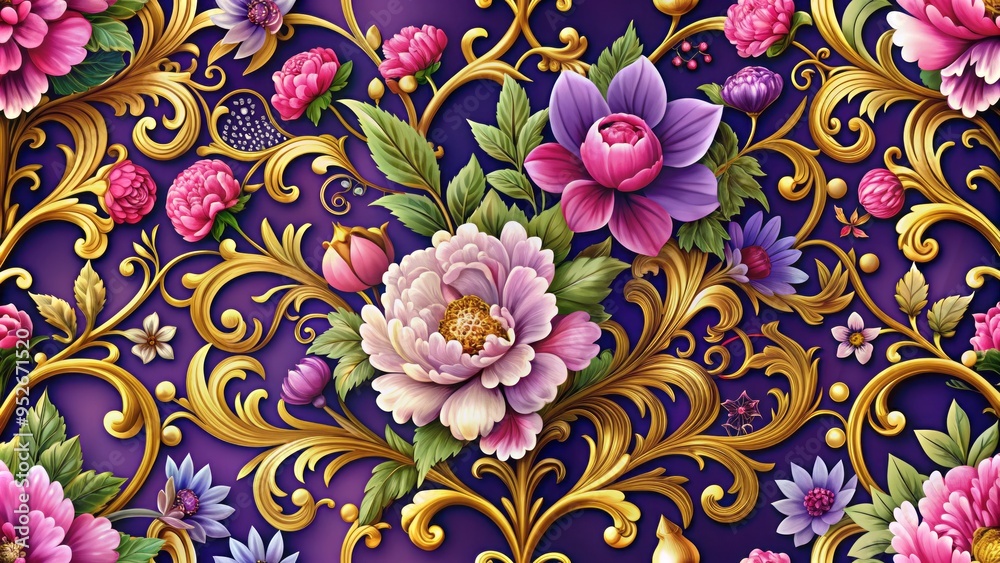 Elegant royal floral pattern featuring ornate gold filigree, lush ...