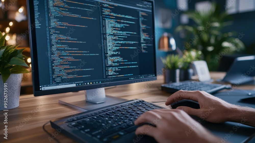 Hands typing on a mechanical keyboard with multiple code windows open ...
