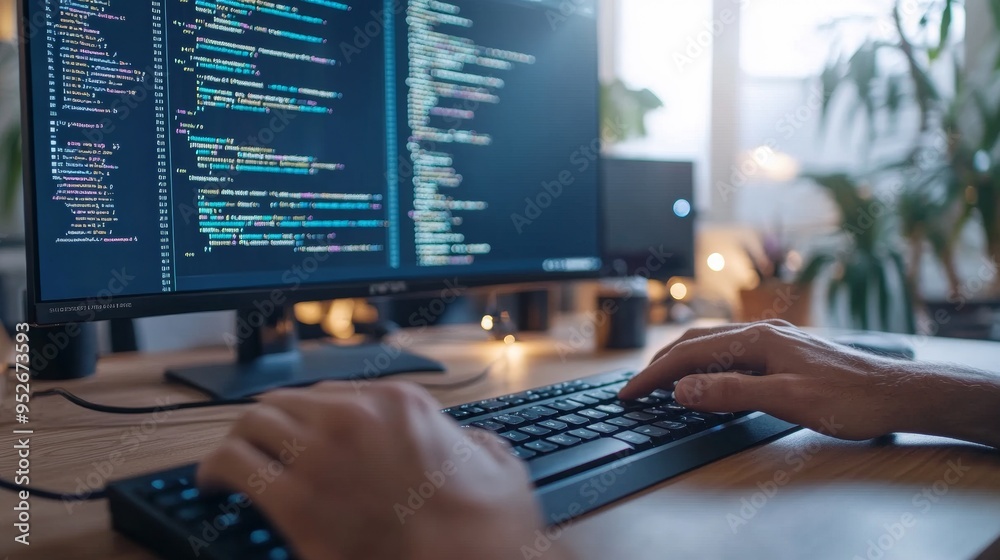 Hands typing on a mechanical keyboard with multiple code windows open ...