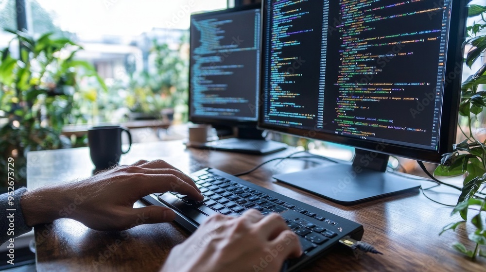Hands typing on a mechanical keyboard with multiple code windows open ...