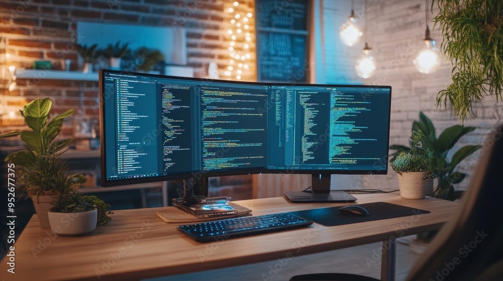 Neon-lit workspace with dual monitors showing responsive web design coding environment Stock ...