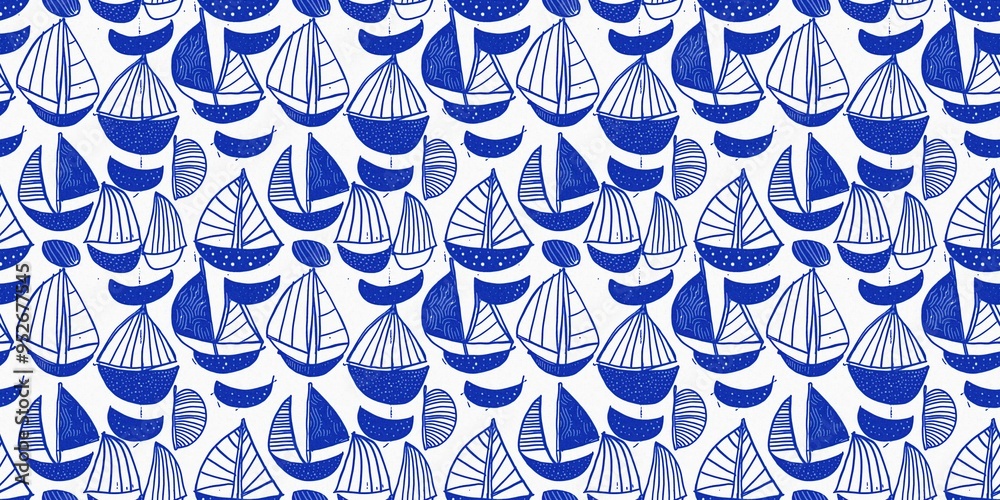 Coastal sail boat in azure ocean blue seamless border background ...