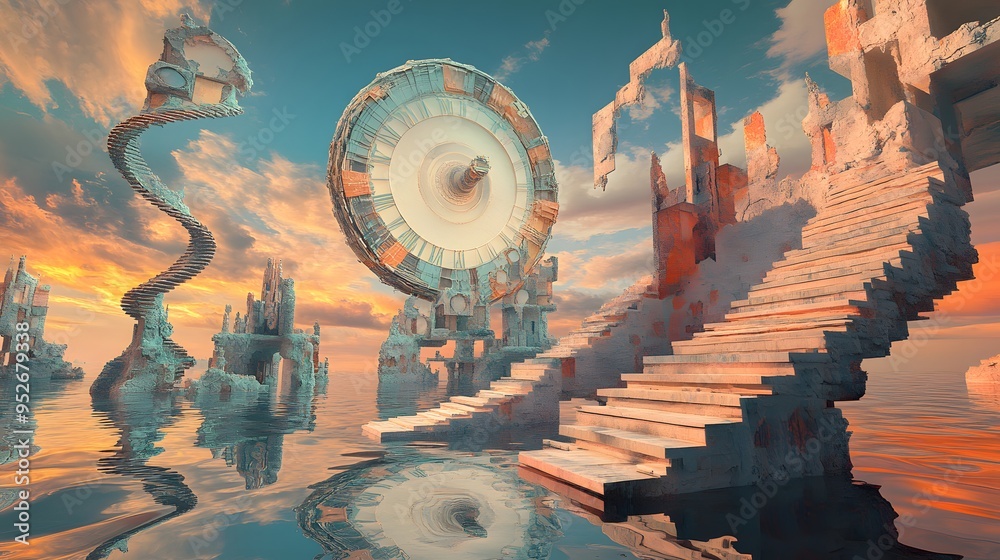 Floating staircases in a surreal dreamscape with melting clocks and ...