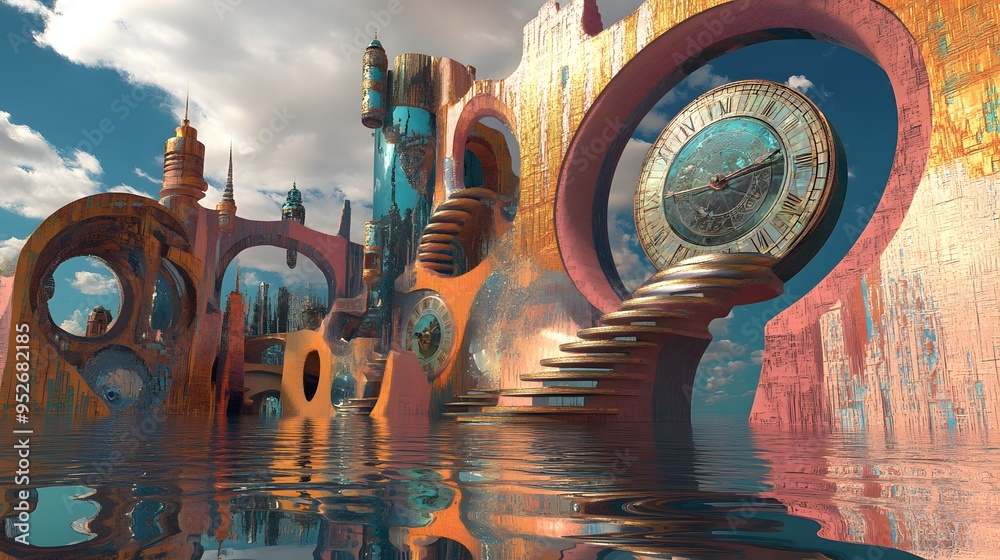 Surreal dreamscape with impossible architecture melting clocks and ...