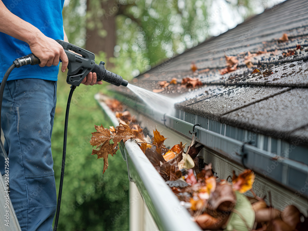 Spring Rain Gutters Cleaning Using Pressure Washer Stock Photo | Adobe ...