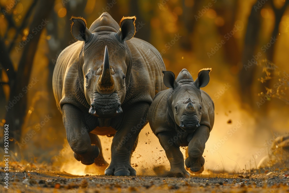 Playful Rhino Duo - A baby rhino playfully running alongside its mother ...