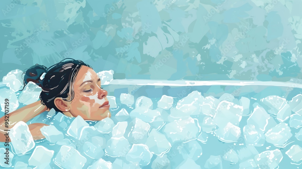 Woman undergoing cold therapy, submerged in a bathtub filled with ice ...