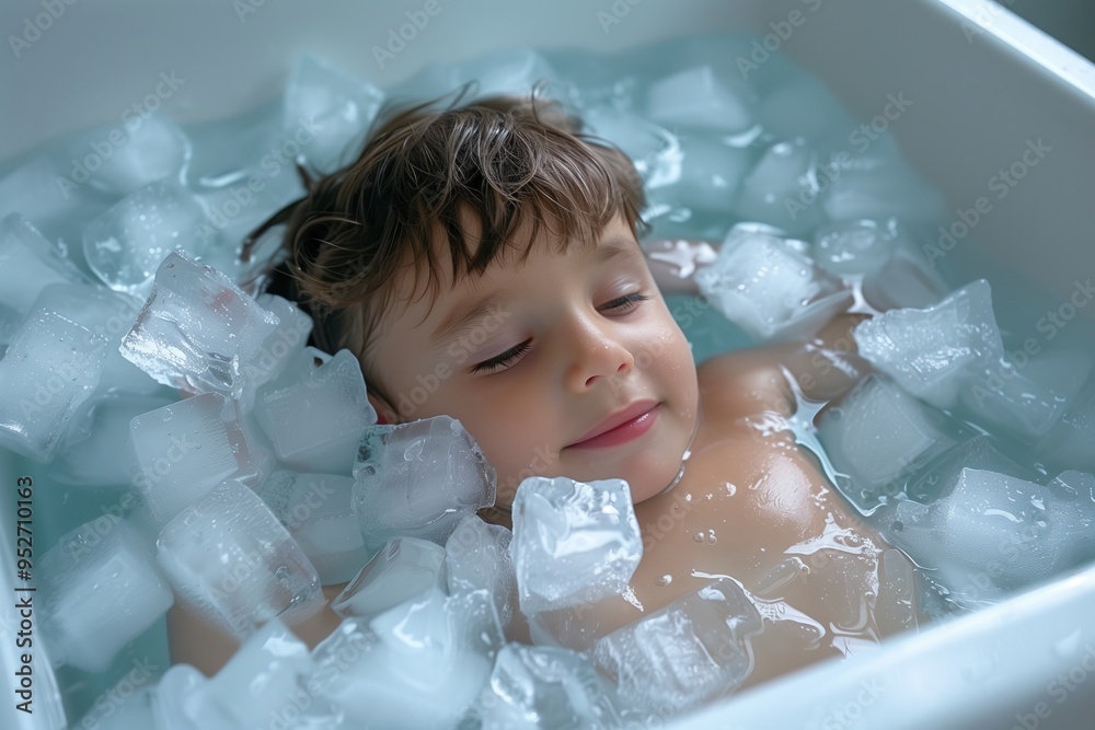Child undergoing cold therapy, submerged in a bathtub filled with ice ...