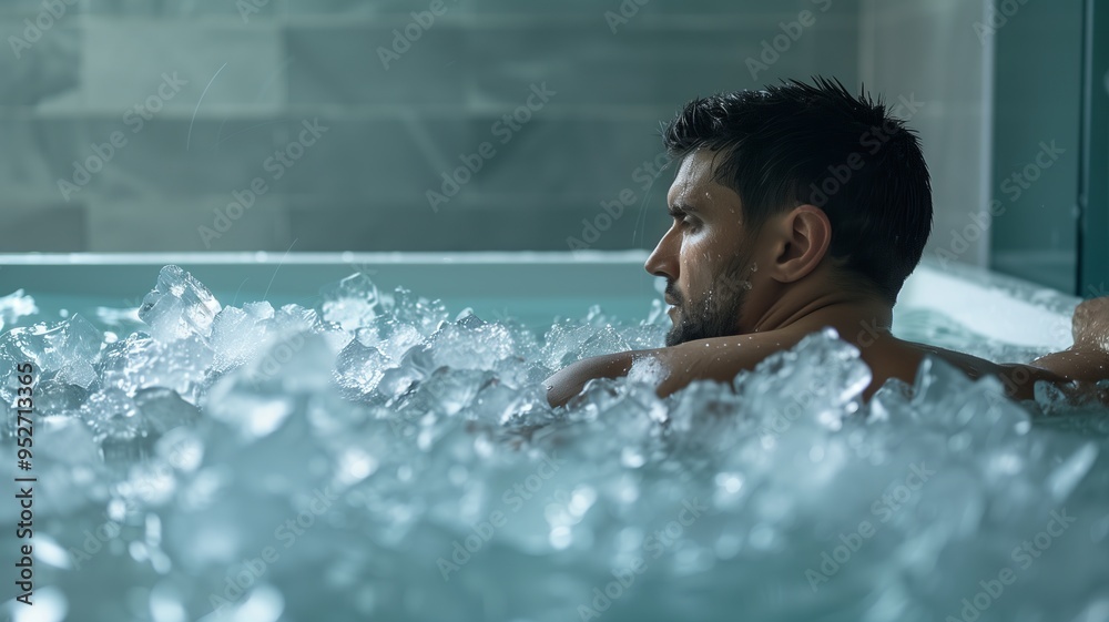 Man undergoing cold therapy, submerged in a bathtub filled with ice and ...