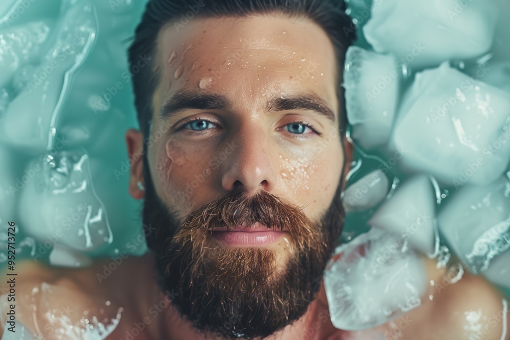 Man undergoing cold therapy, submerged in a bathtub filled with ice and ...