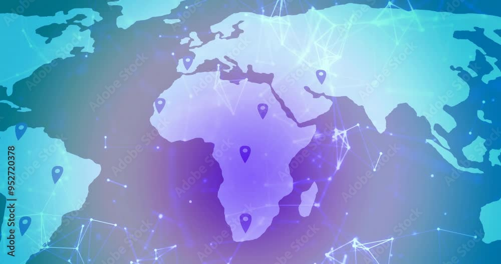 Map of continents with location markers and network connections ...
