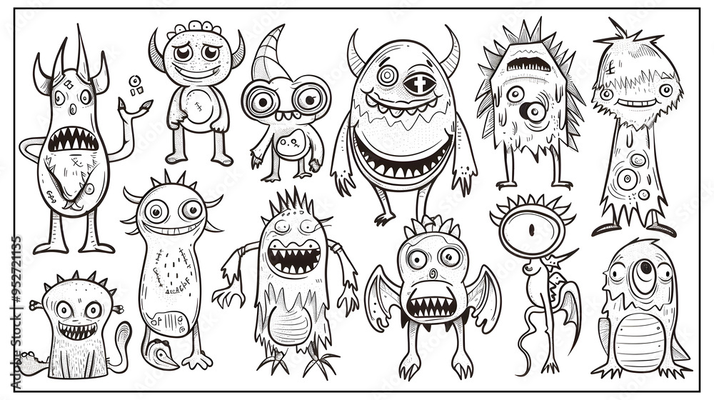 set of doodle cartoon characters color page, humor funny monster zombie ...