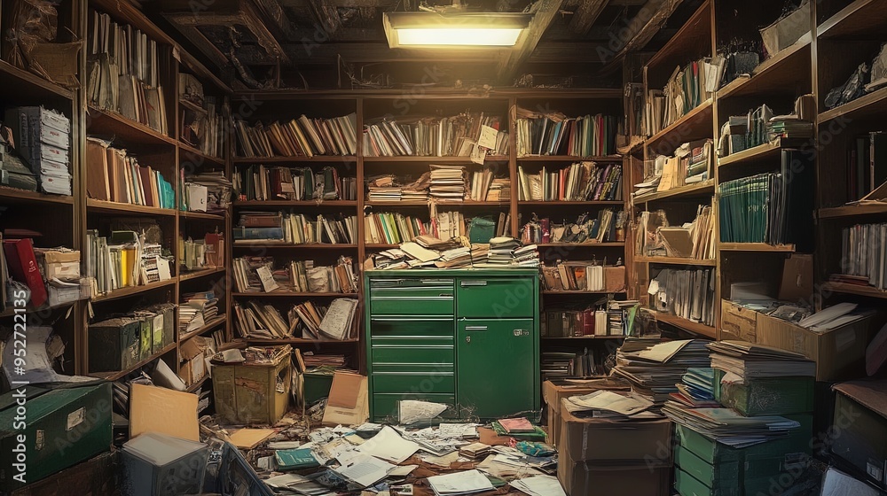 Explore the Chaos: A Vintage Storage Room Poster Featuring Shelves of ...