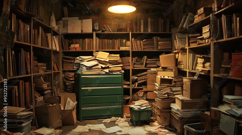 Explore the Chaos: A Vintage Storage Room Poster Featuring Shelves of ...