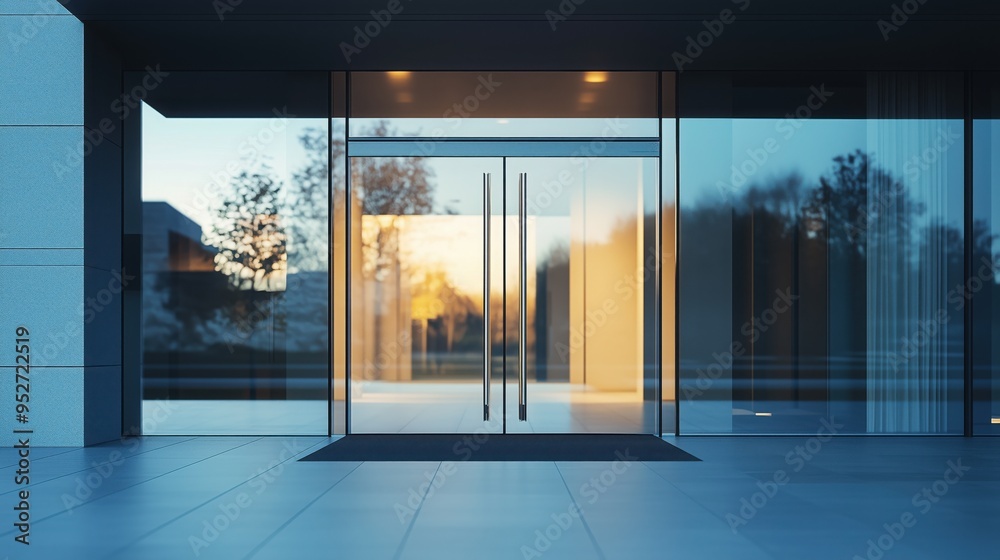 Modern glass entrance door with sleek metal handles, installed in a ...